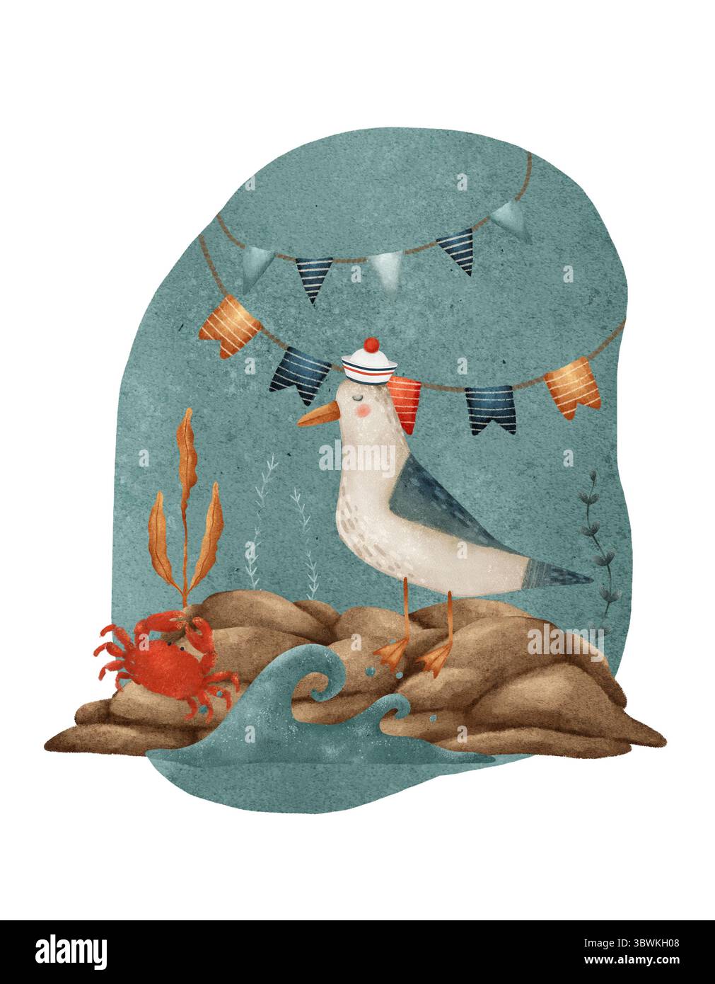 A whimsical seagull joyfully holding a crab, celebrating the delightful ...