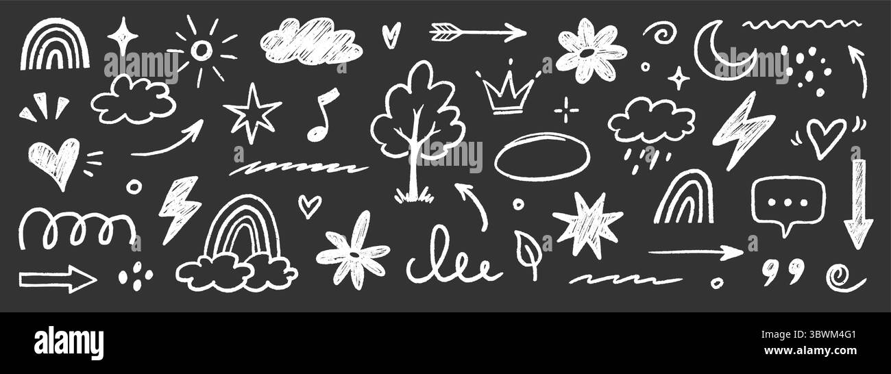 Hand drawn crayon chalk icon set. Cute flower, heart, cloud, star ...