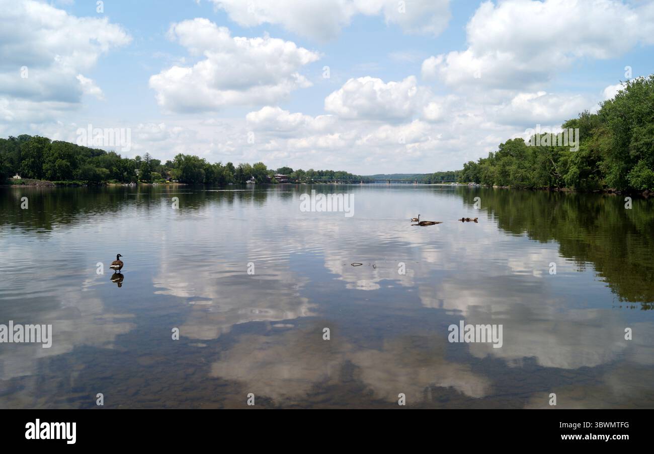 Delaware River, view upstream from the Lamberville Wing Dam, NJ, USA ...