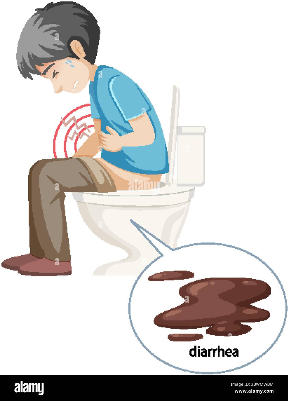 Vector illustration of a man on a toilet with stomach pain. Includes a ...