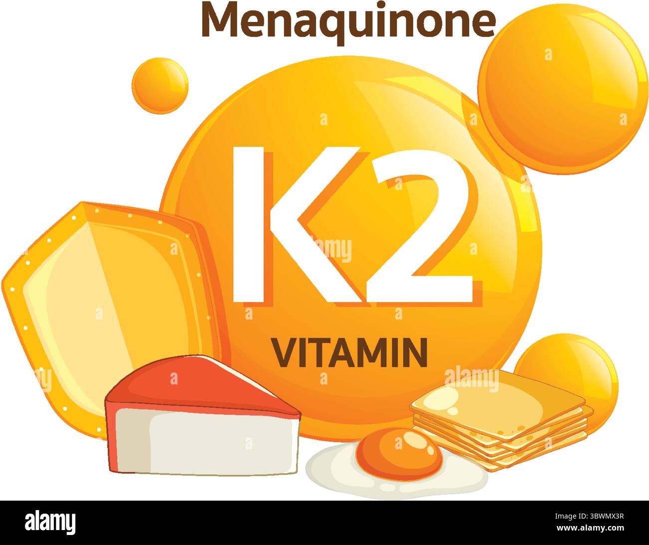 Bright vector illustration of Vitamin K2 with cheese, egg, and natto ...