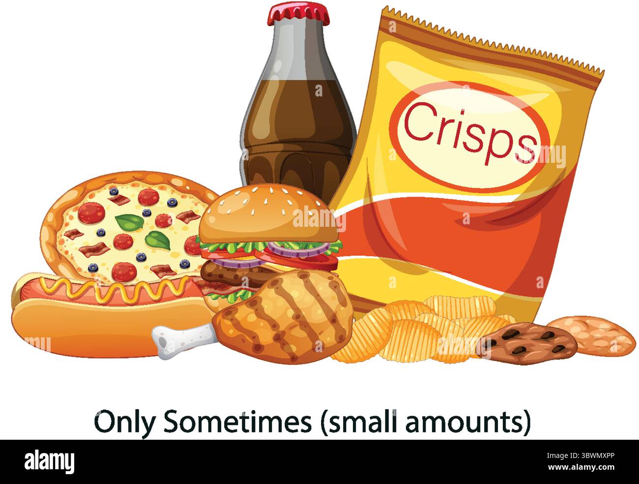 Colorful vector illustration of pizza, burger, fried chicken, hot dog ...