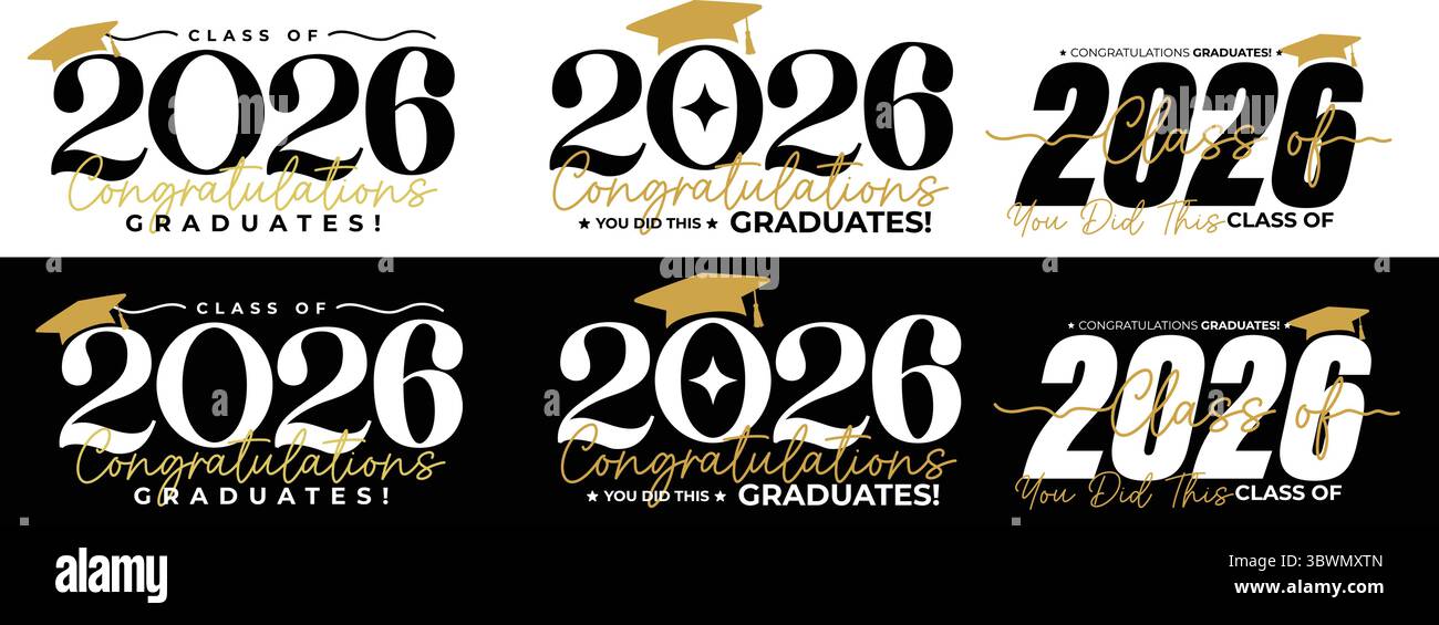 Set of Class of 2026 Graduation Typography Banners – Gold Caps, Modern ...