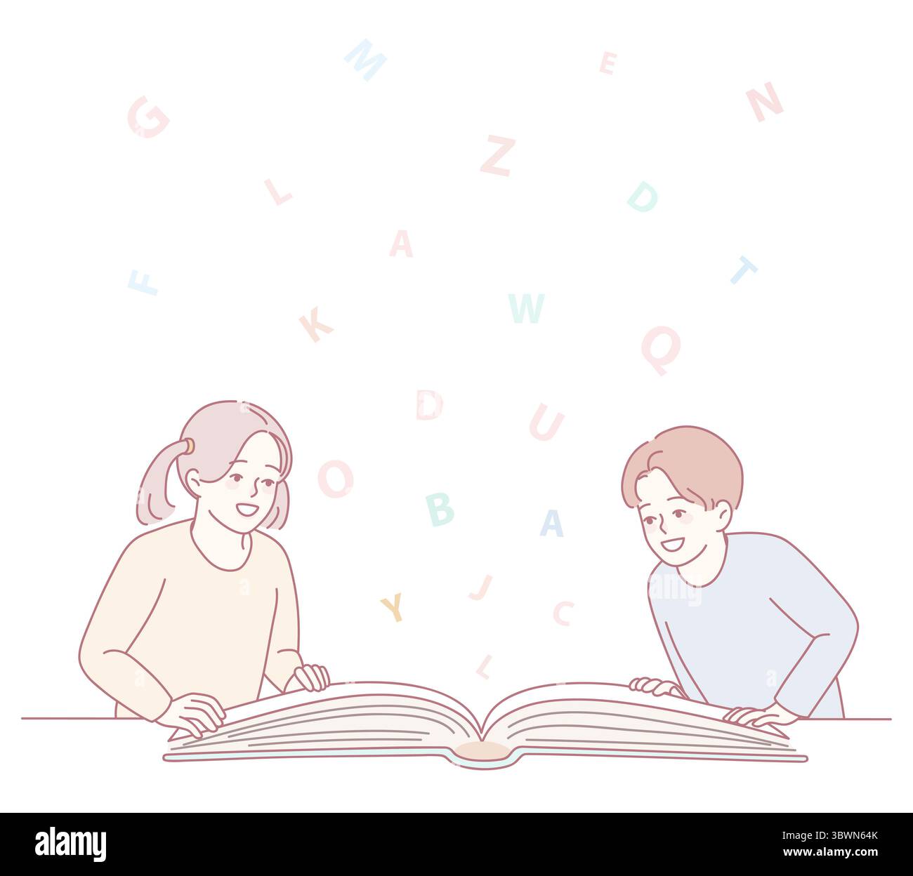 Two children explore a book as colorful letters float around them ...