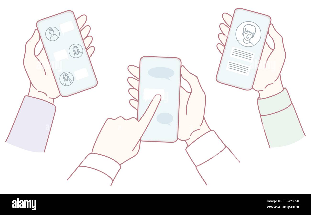 A detailed illustration showing hands interacting with mobile phones ...