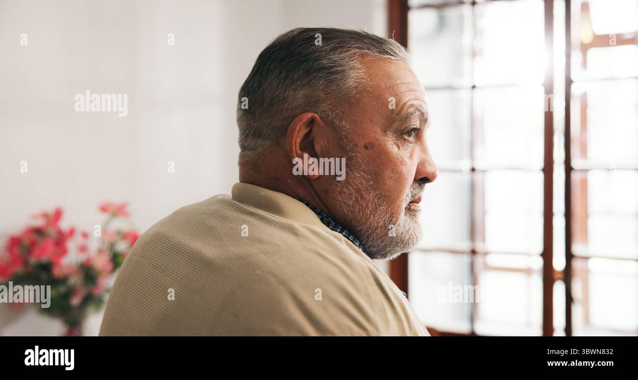 Sad, senior man and thinking in nursing home, loneliness and pensioner ...