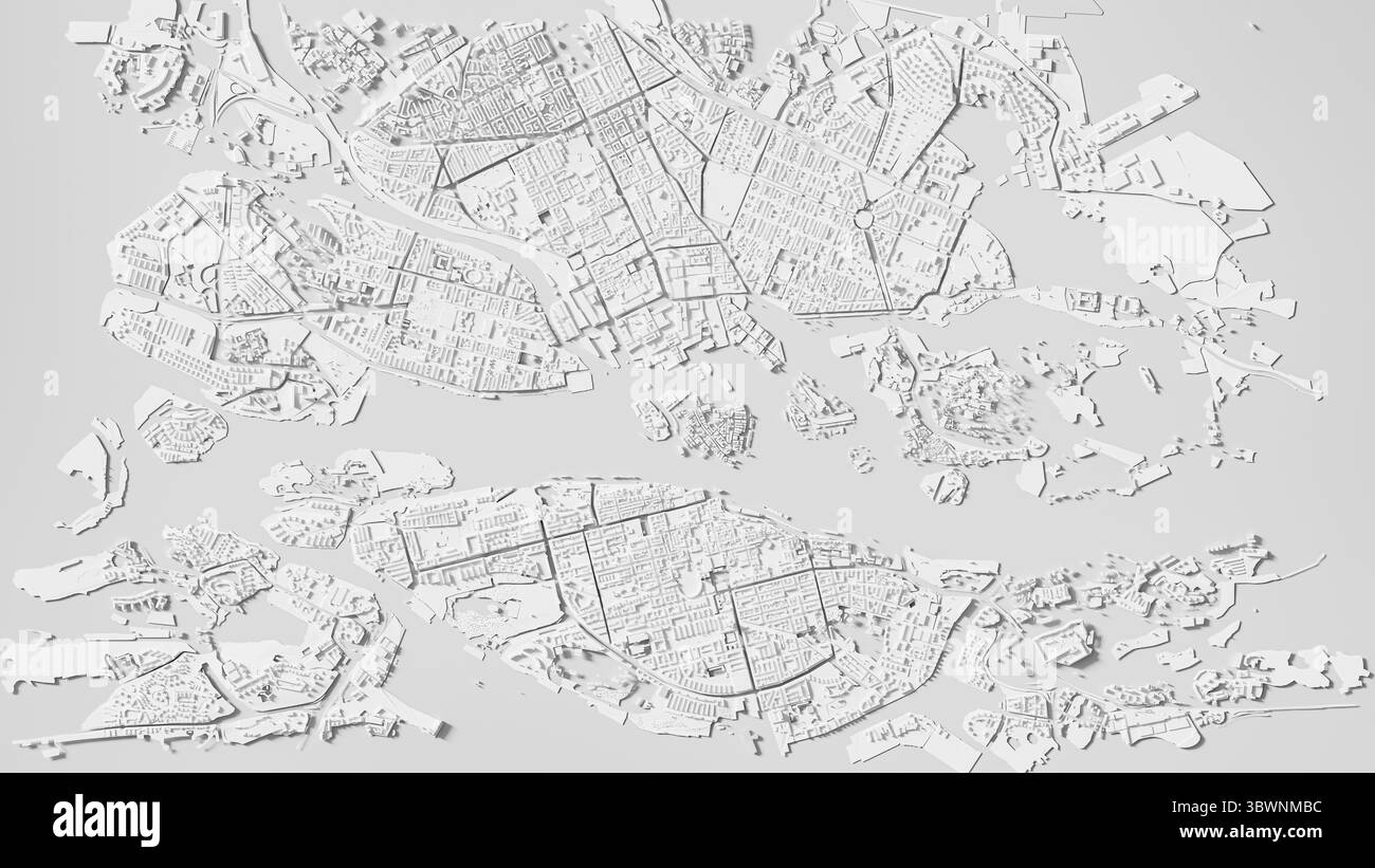 3D render map of Stockholm cityscape. 3D illustration of a top view of ...