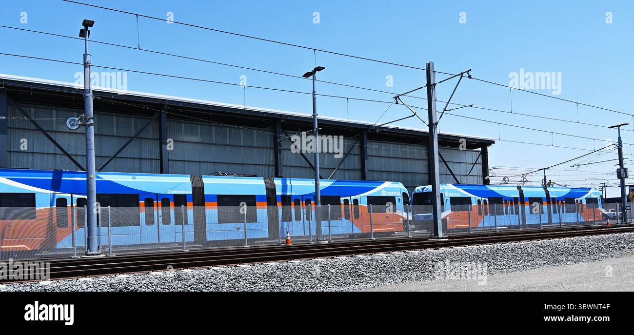 SANTA ANA, CALIFORNIA - 16 JULY 2025: Multiple streetcars at the OC ...