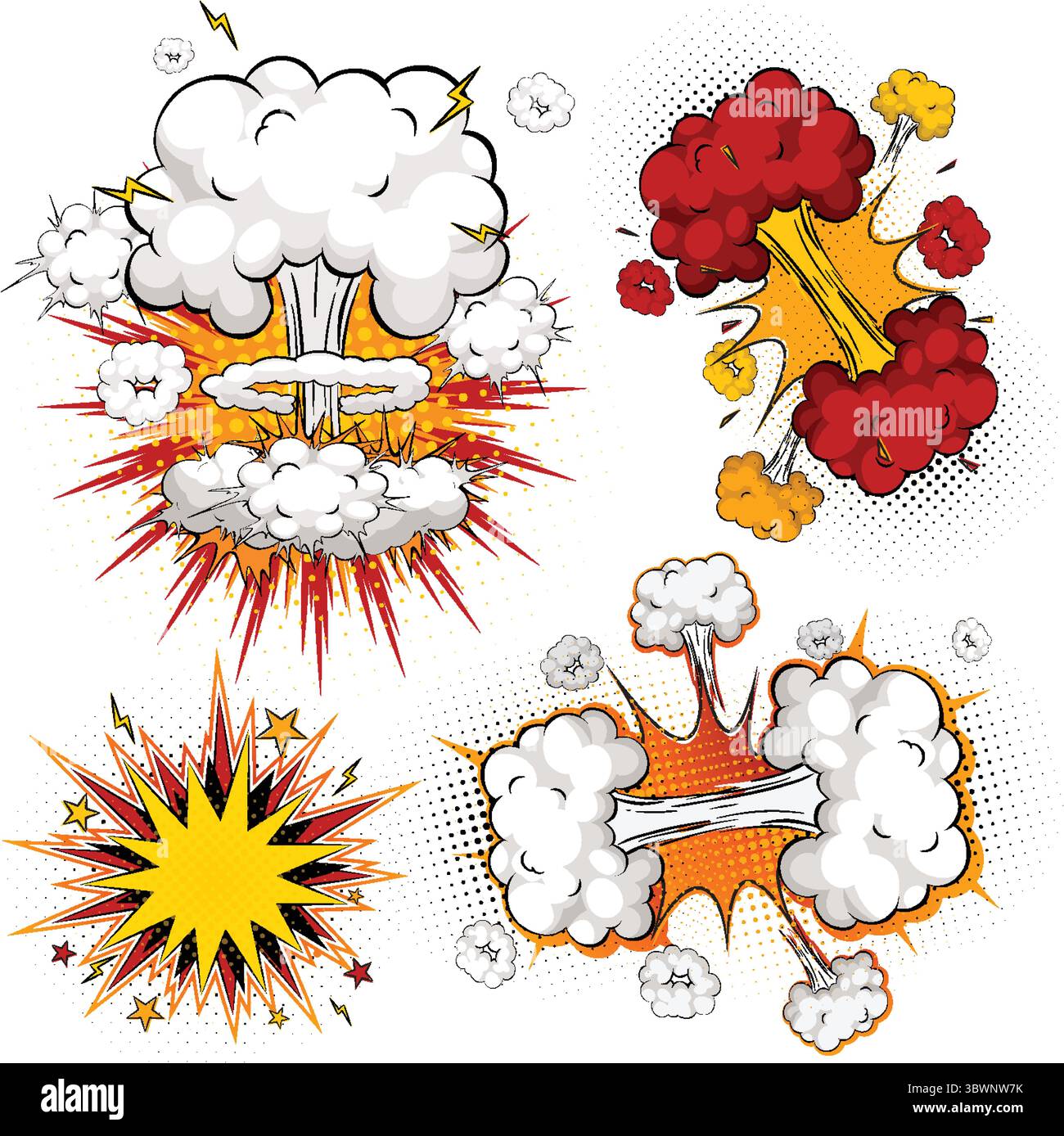 Colorful vector illustration of explosive blasts and mushroom clouds in dynamic comic book style ...