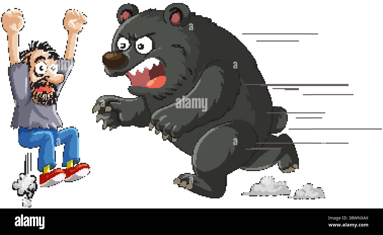 Cartoon vector illustration of a scared man fleeing from a fast ...