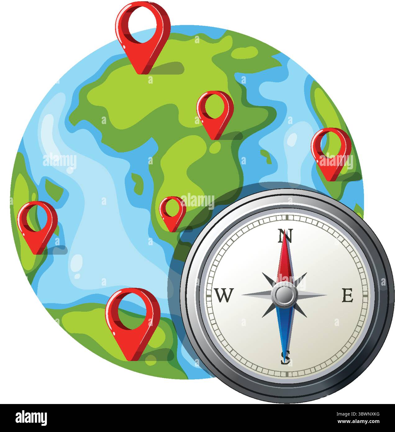 Vector illustration of Earth with map pins and a compass. Bright colors ...