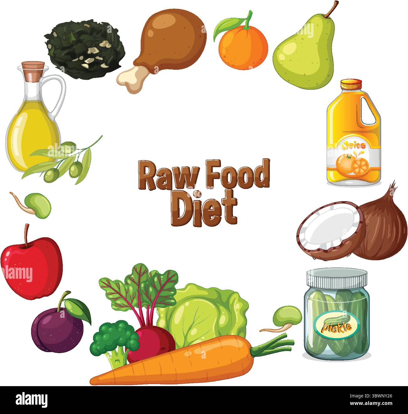 Vector illustration of diverse raw foods in a circular composition ...
