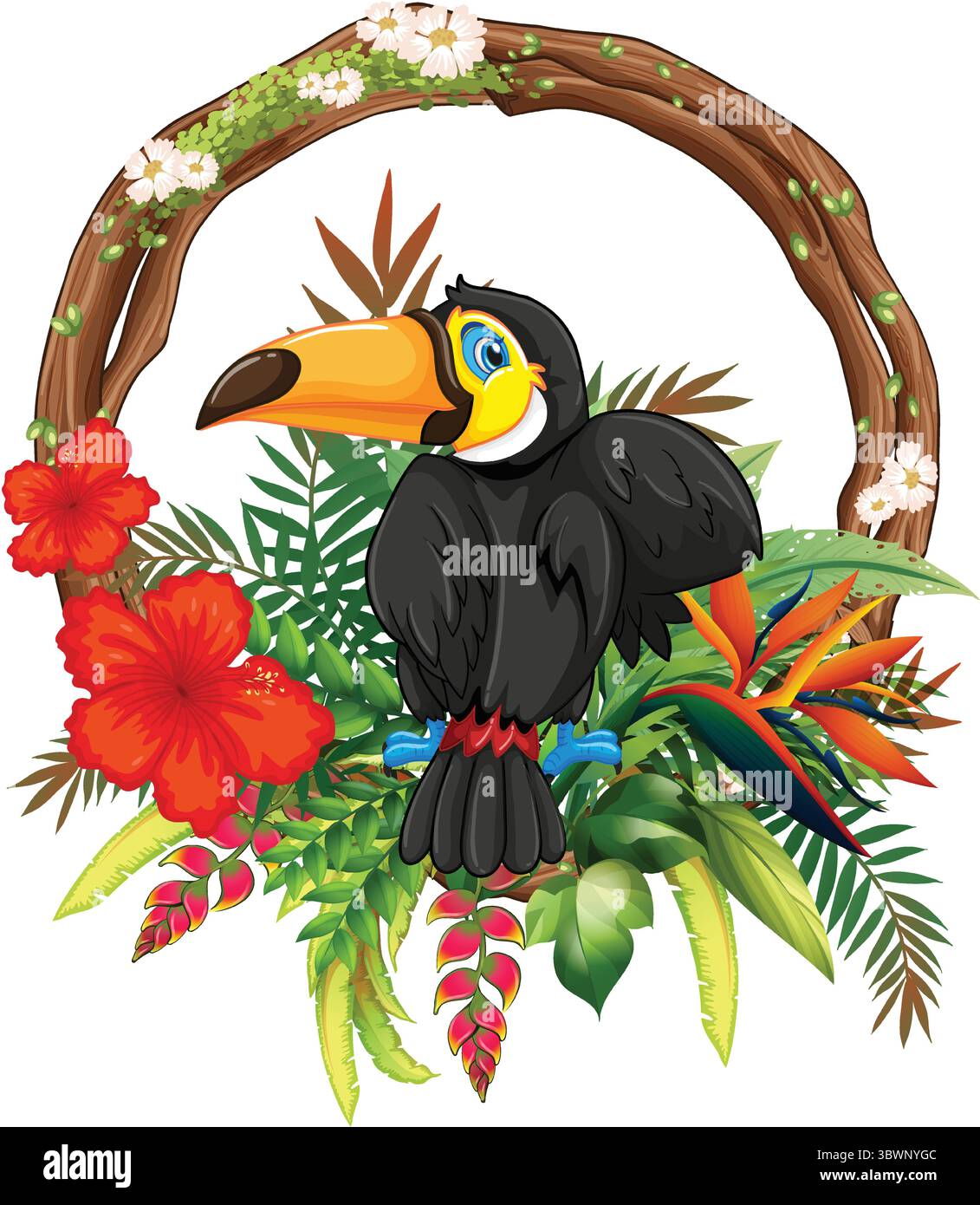 Illustration of toucan bird surrounded by vibrant tropical flowers and ...