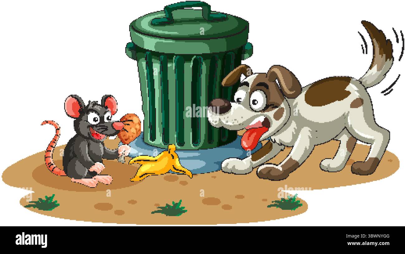 Cartoon-style vector illustration of a dog barking at a rat eating food ...
