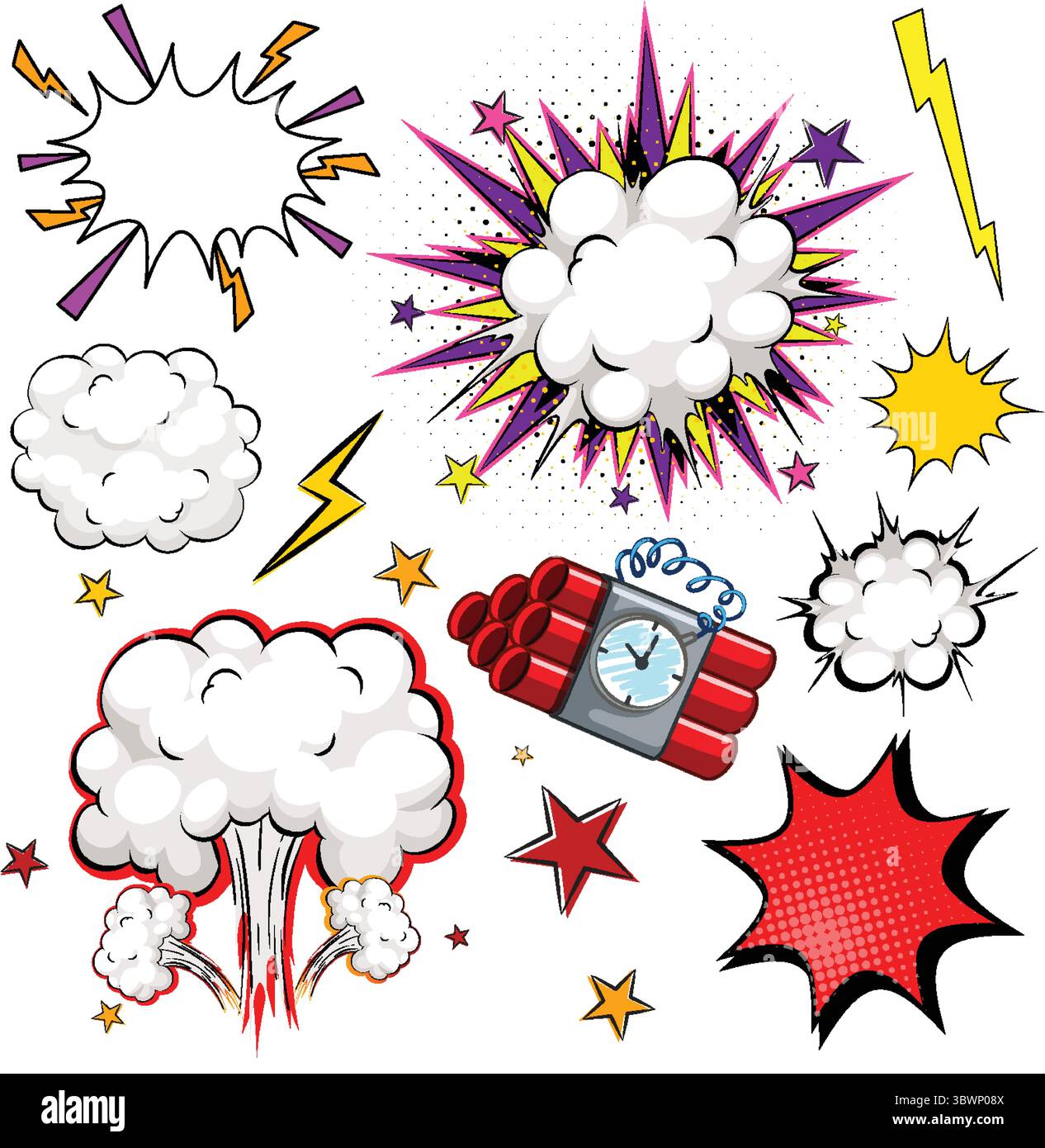 Colorful vector illustration of comic book explosions, lightning bolts ...