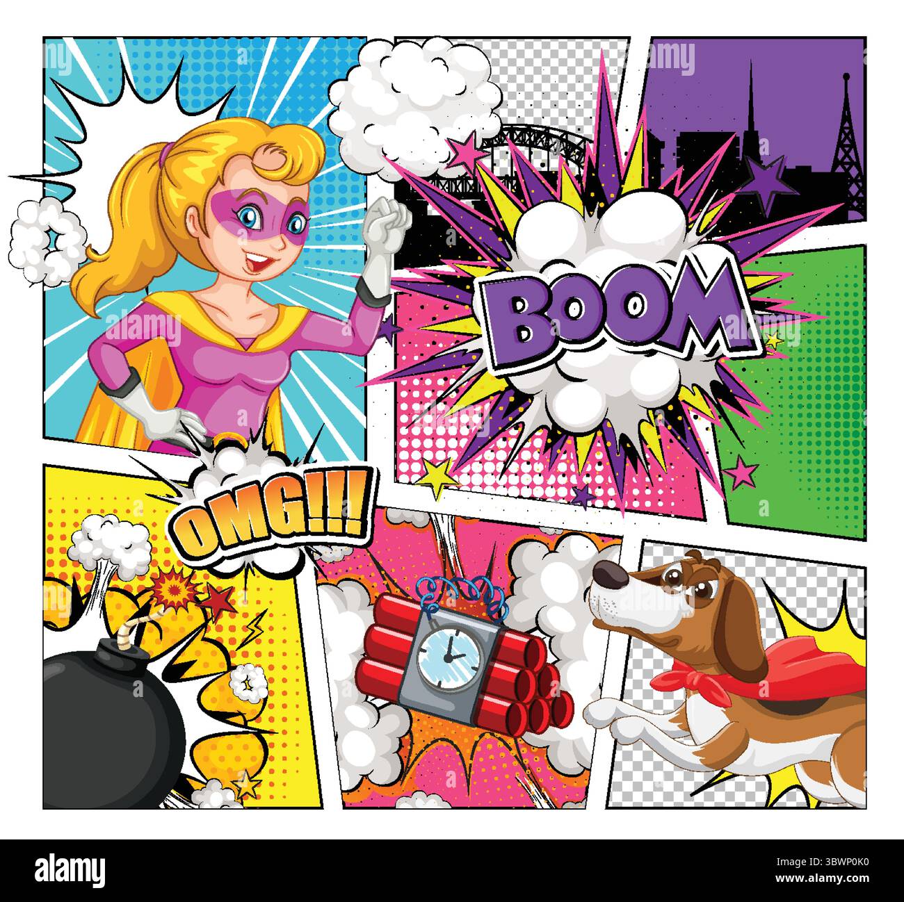 Colorful vector comic illustration with female superhero, caped dog ...