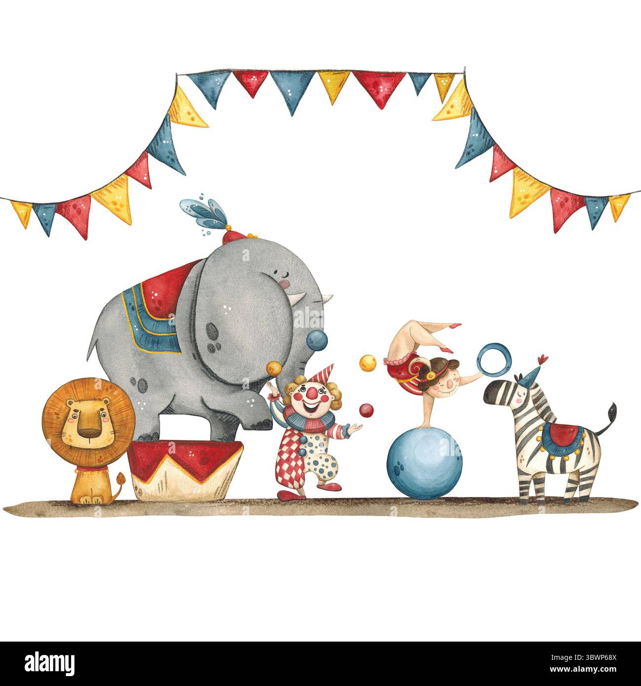Composition of a circus elephant, zebra, lion, clown, gymnast Stock ...