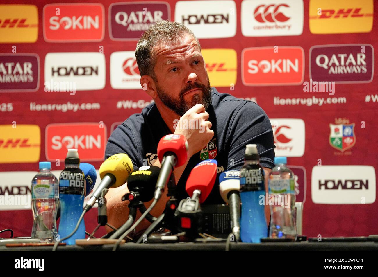British and Irish Lions head coach Andy Farrell during a team announcement at InterContinental ...