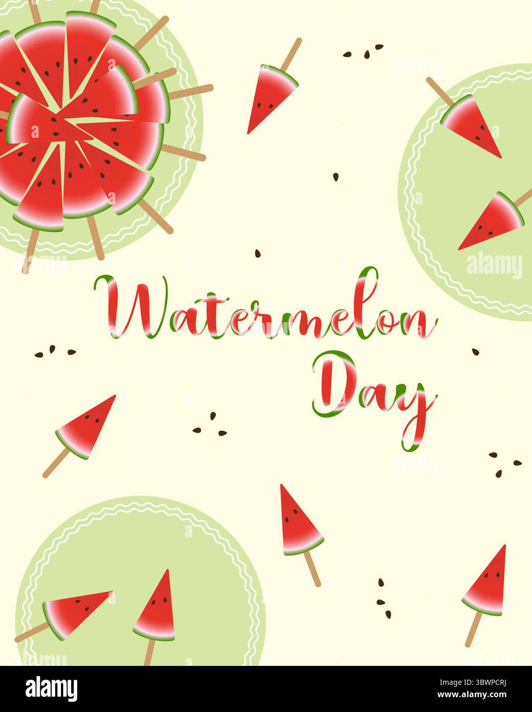 Watermelon day poster and watermelon colored inscription, pieces of ...