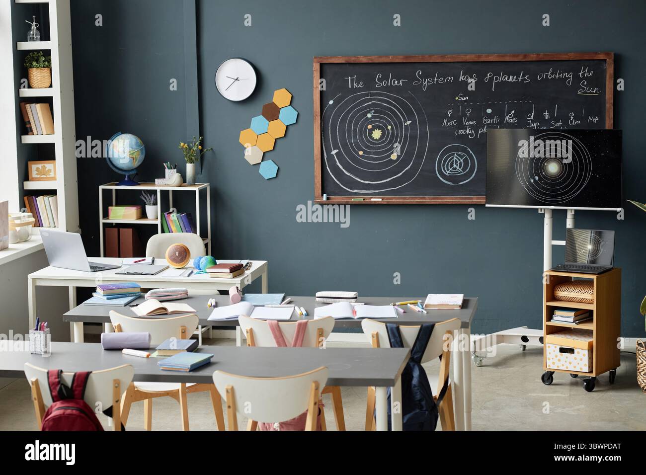 Empty classroom showing desks with school supplies, backpacks on chairs ...