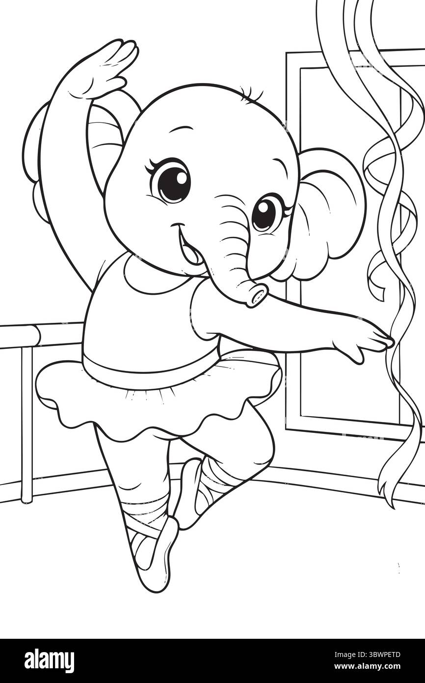 Cute elephant ballerina dancing with ribbon in studio coloring page ...