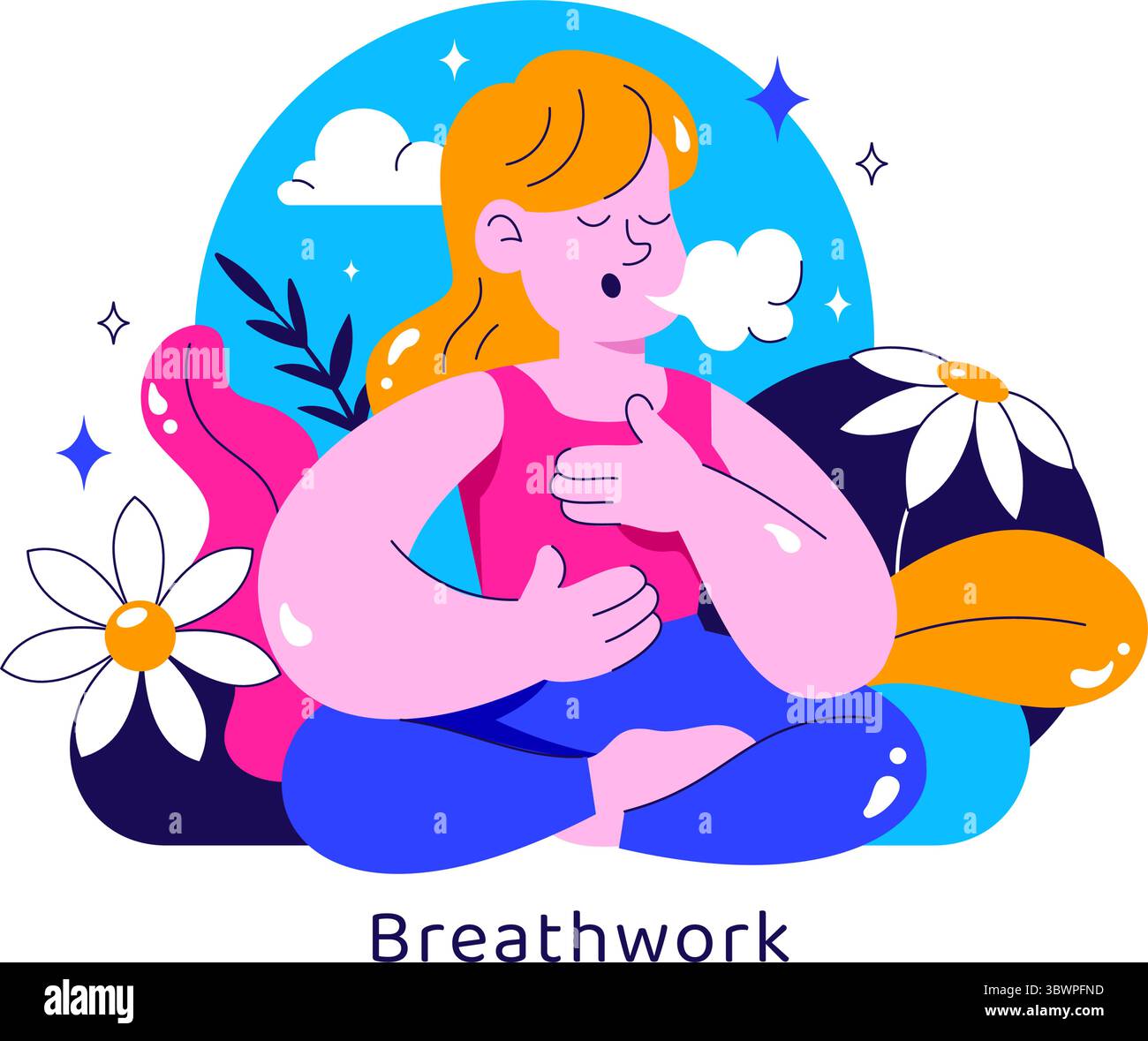 Breathwork Vector Illustration with Peaceful Meditation for Wellness ...