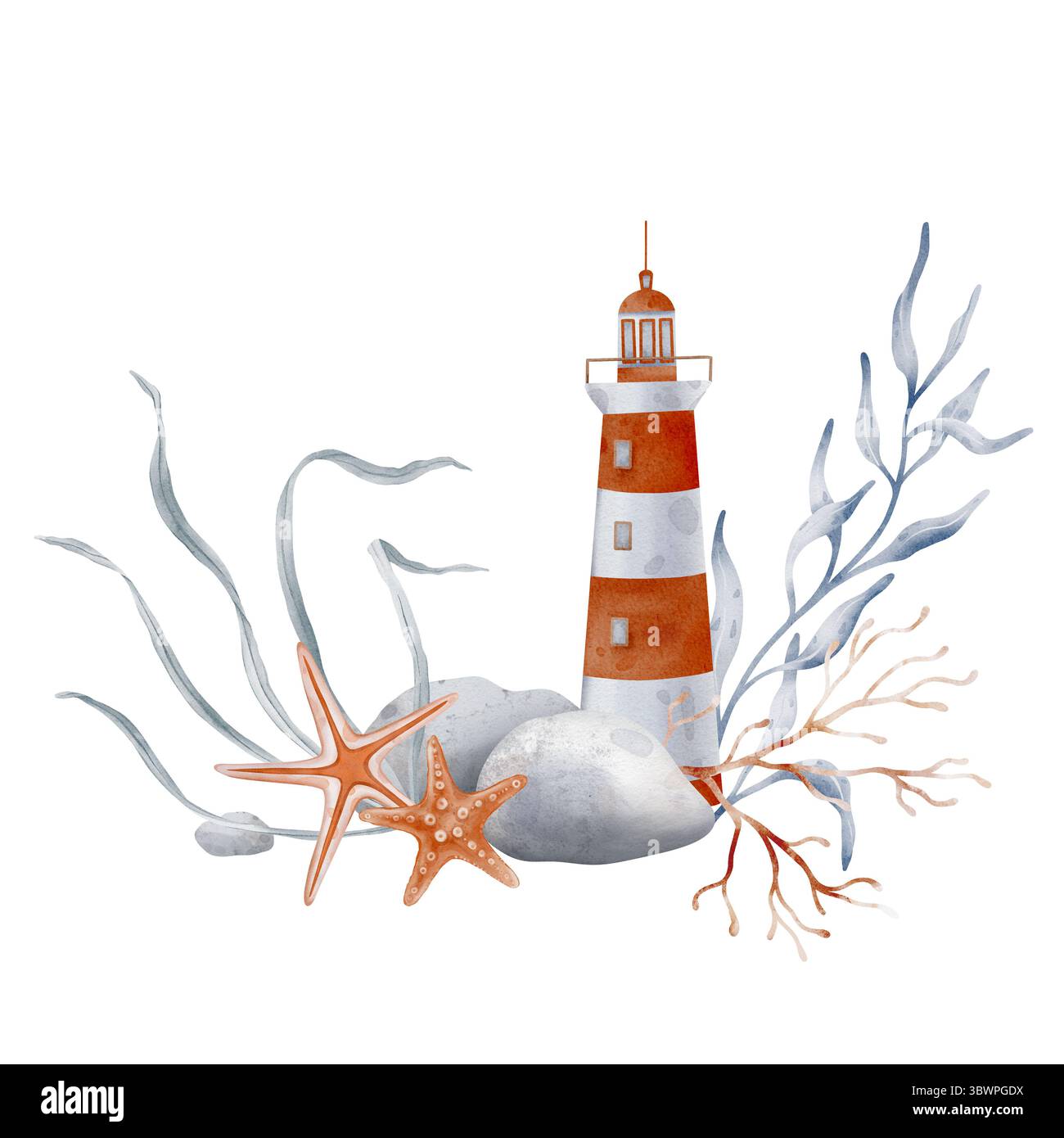 Watercolor Lighthouse on a rock with seashell and star. Illustration of ...