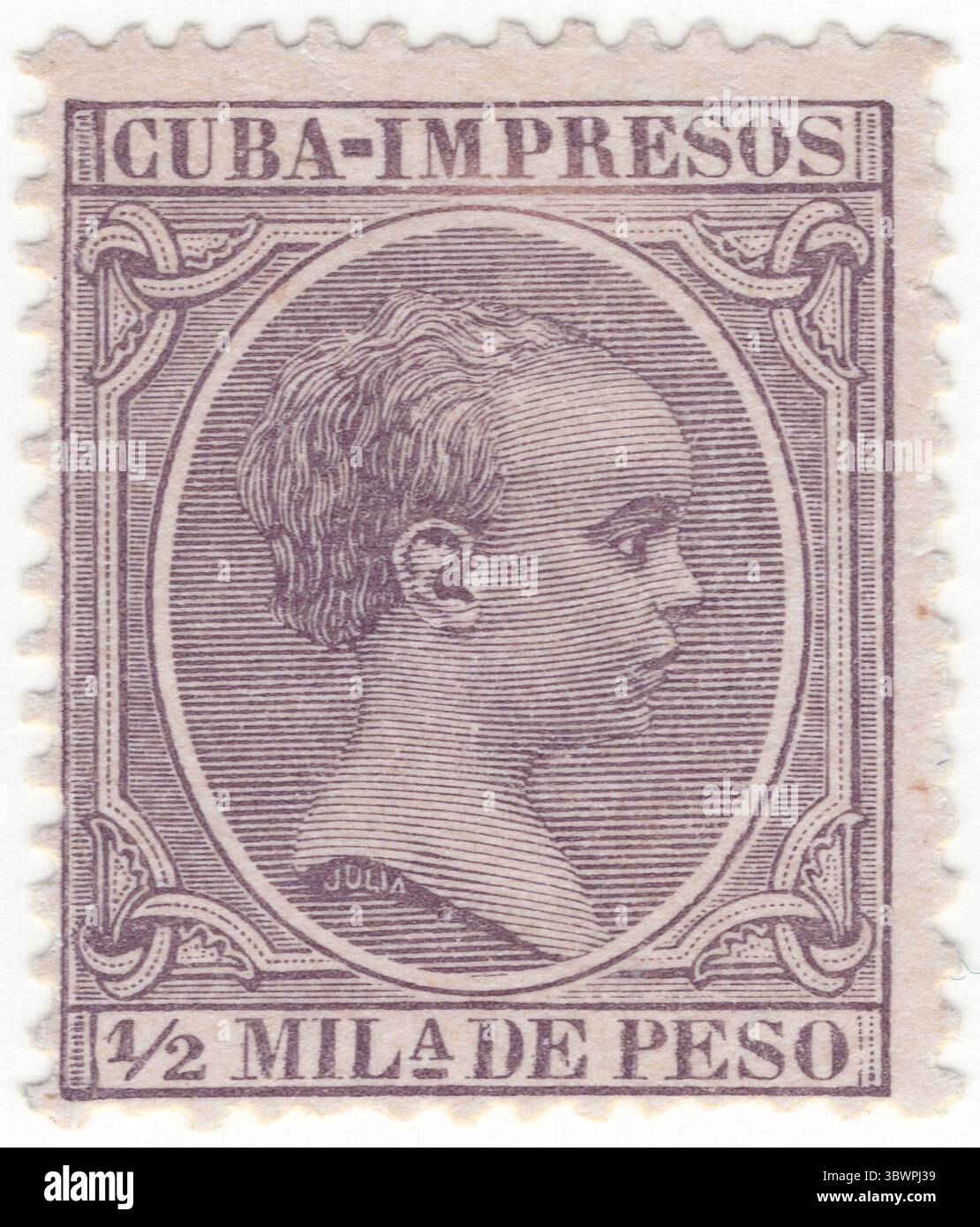 CUBA - 1892: ½ milesima violet Newspaper stamp depicting portrait of ...