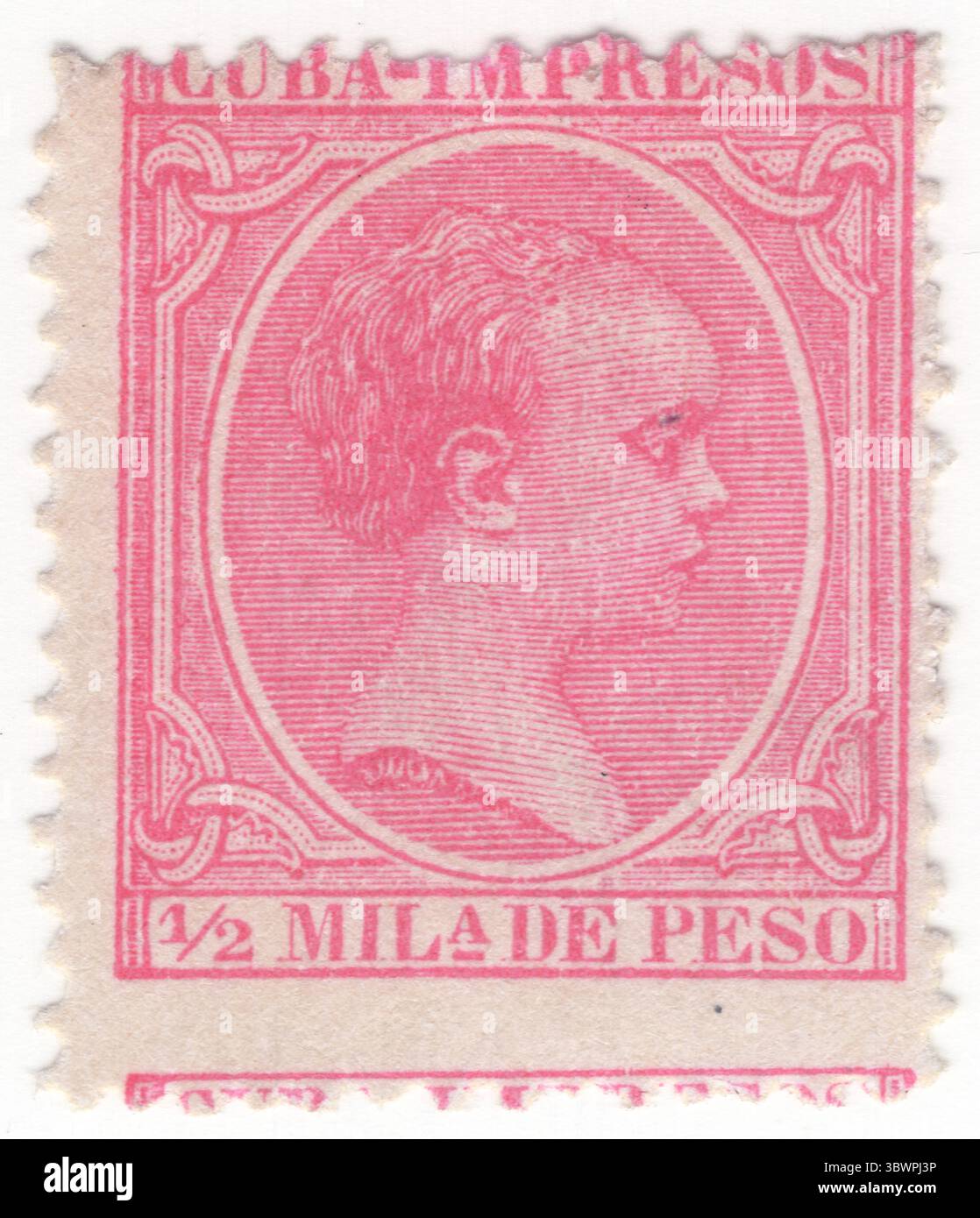 CUBA - 1894: ½ milesima rose Newspaper stamp depicting portrait of King ...