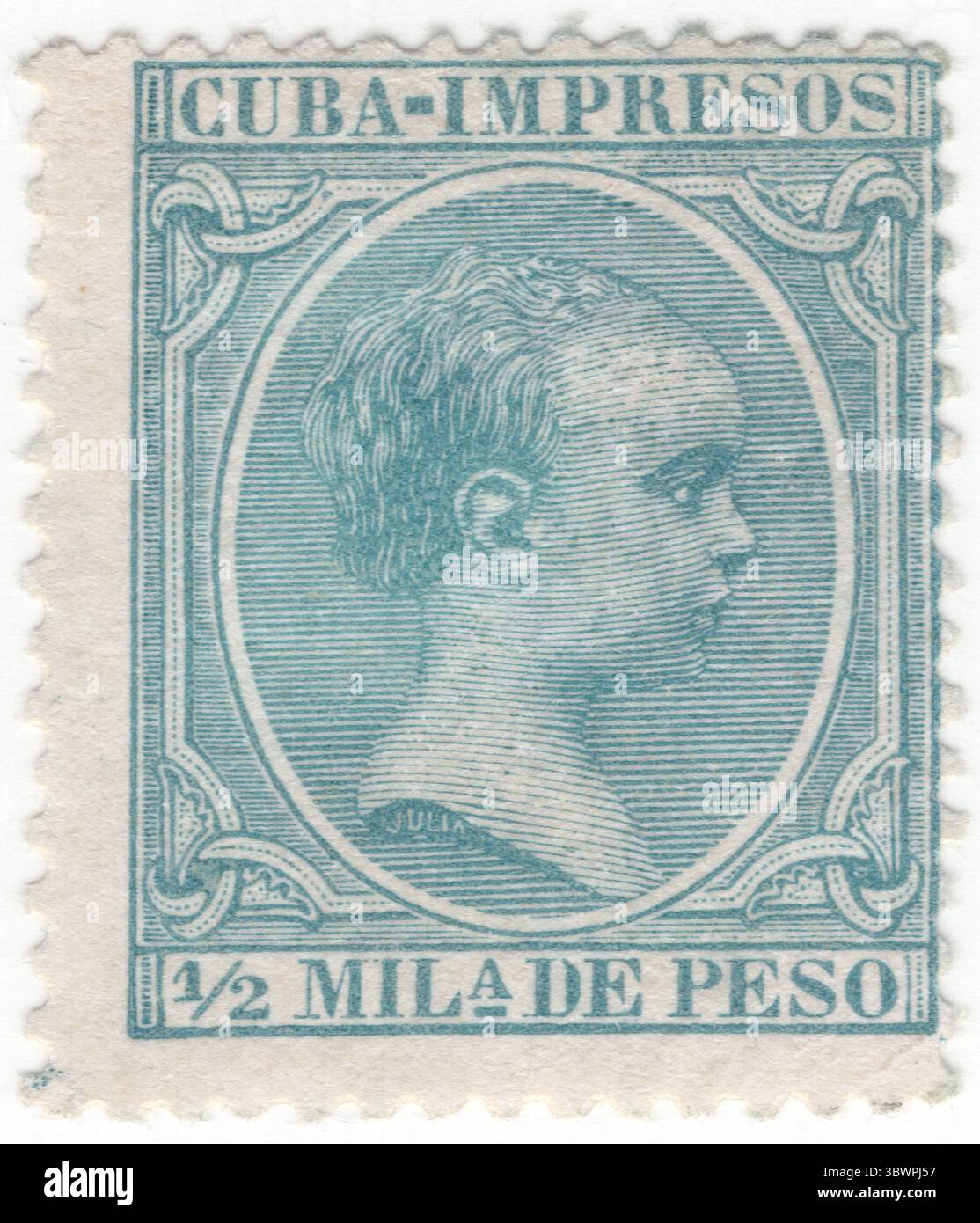 CUBA - 1896: ½ milesima blue-green Newspaper stamp depicting portrait ...