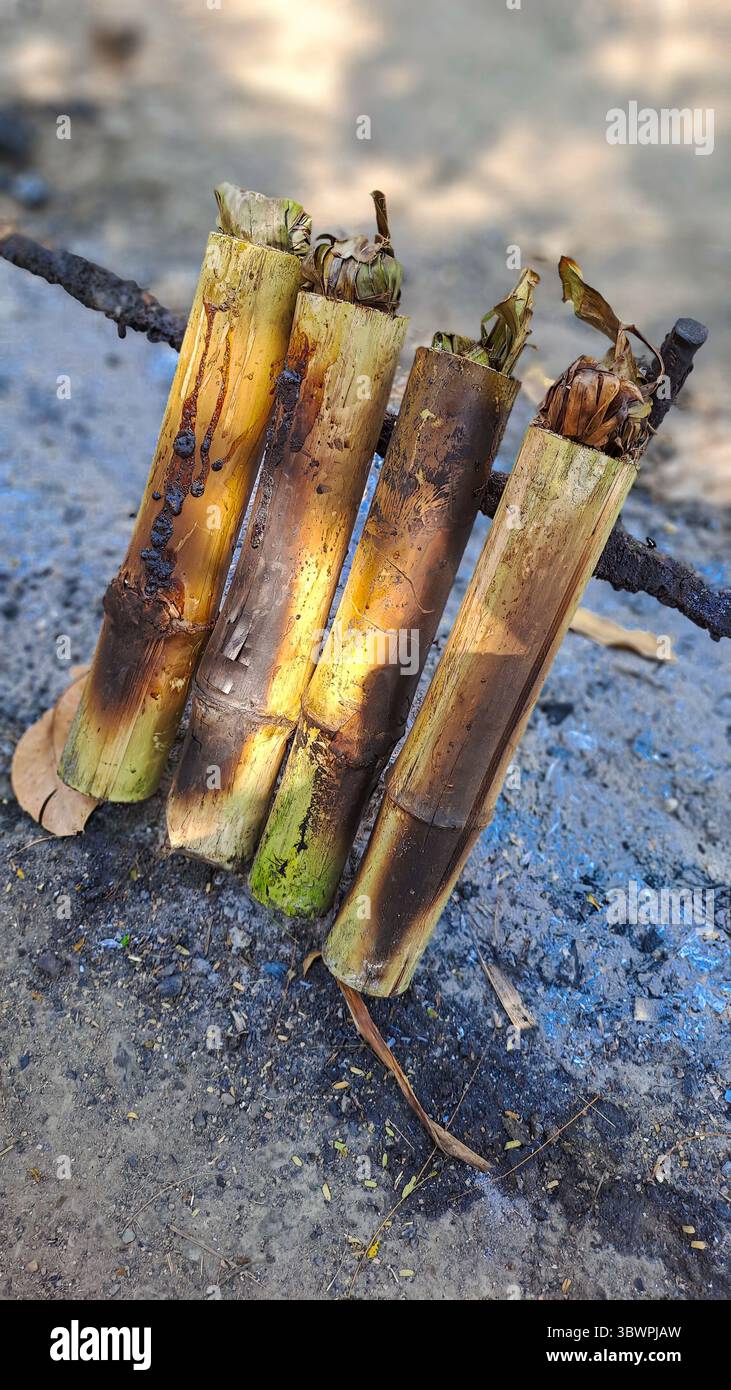 Bamboo tubes roasting over open fire, traditionally used in Cambodia to ...