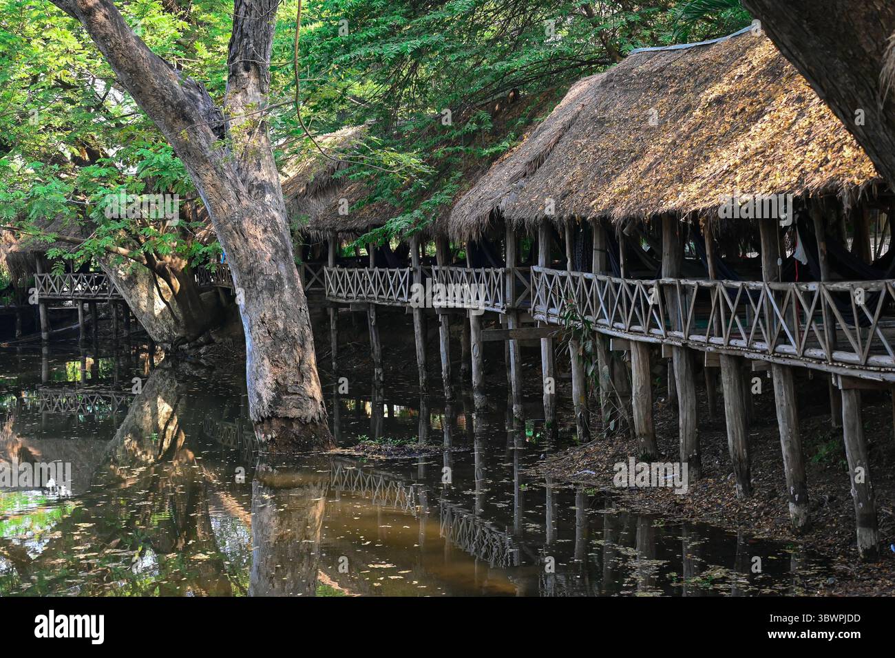 Traditional wooden huts with thatched roofs built on stilts over water ...