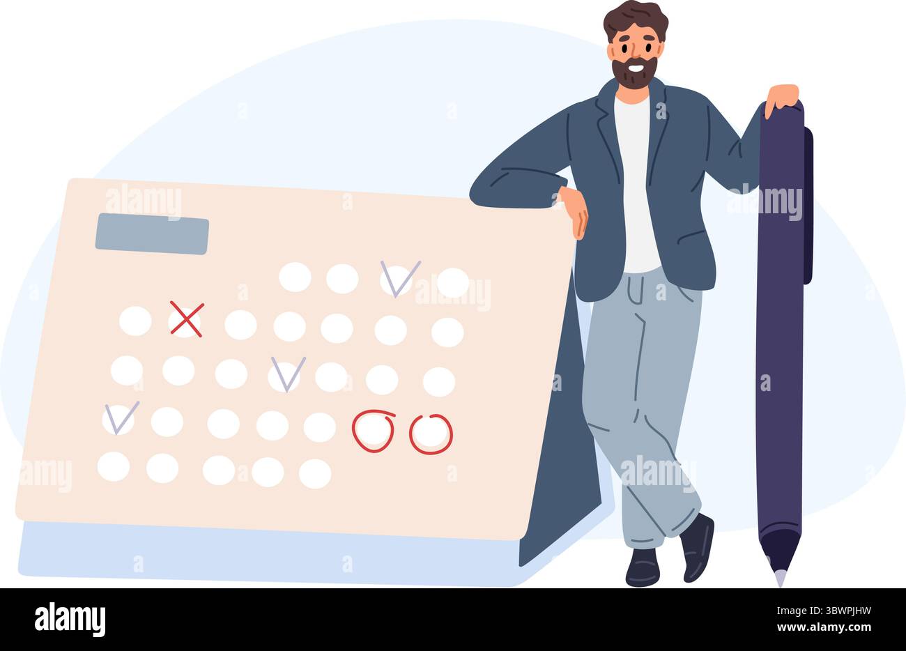 Businessman with pen standing near calendar. Scheduling or time ...