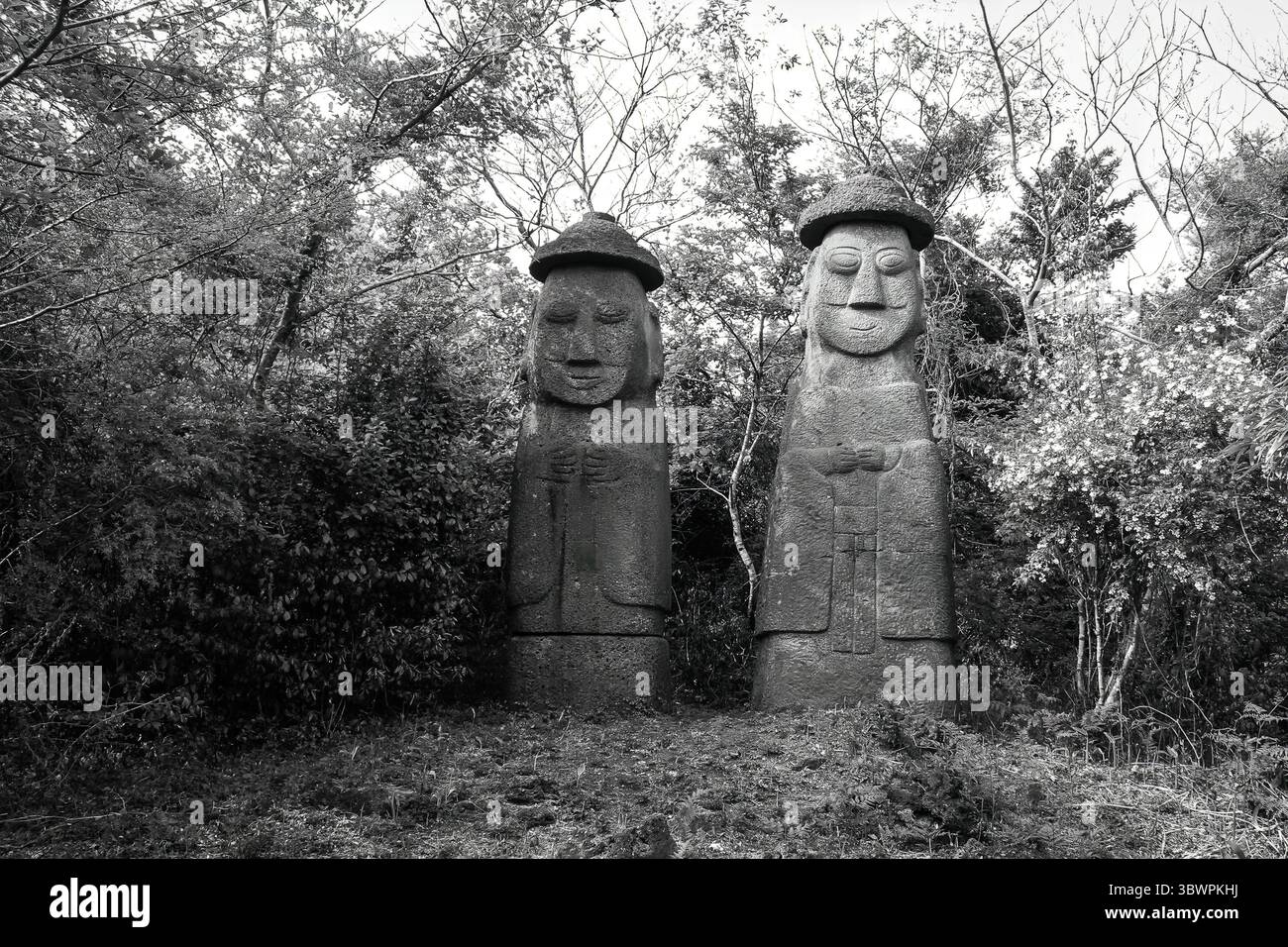 Two traditional Dol Hareubang statues in black and white, located in a ...