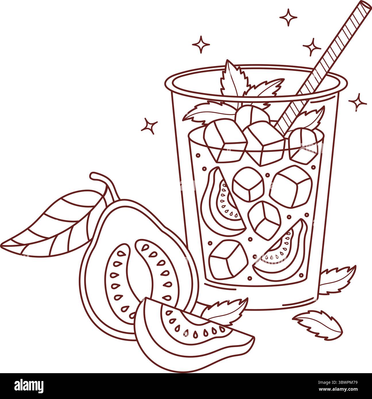 Outline Guava Drink with Ice and Mint leaves and tropical slices ...
