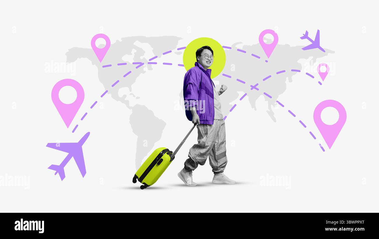 Collage-style pop-art visual of cheerful traveler with suitcase and ...