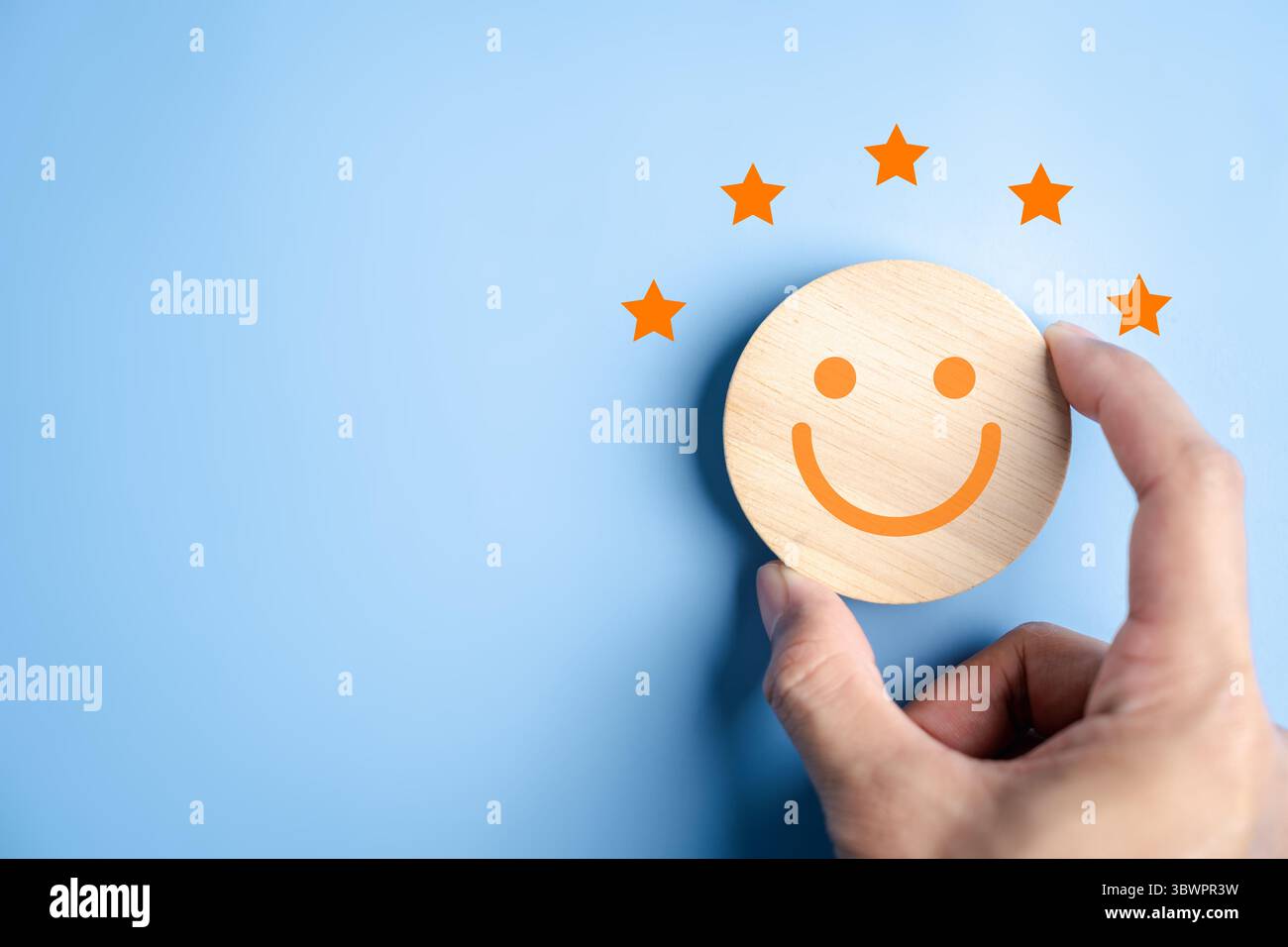 Happy smile face and satisfaction rating with five star feedback ...