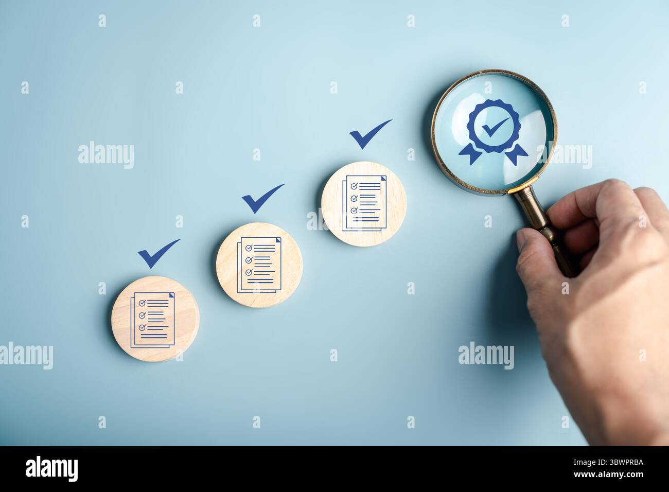 Certificate approval process with document checklist, magnifying focus quality assurance ...