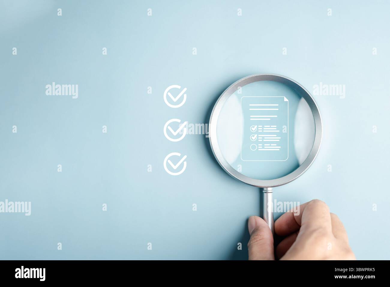 Survey document checking process showing magnifying glass focusing on ...