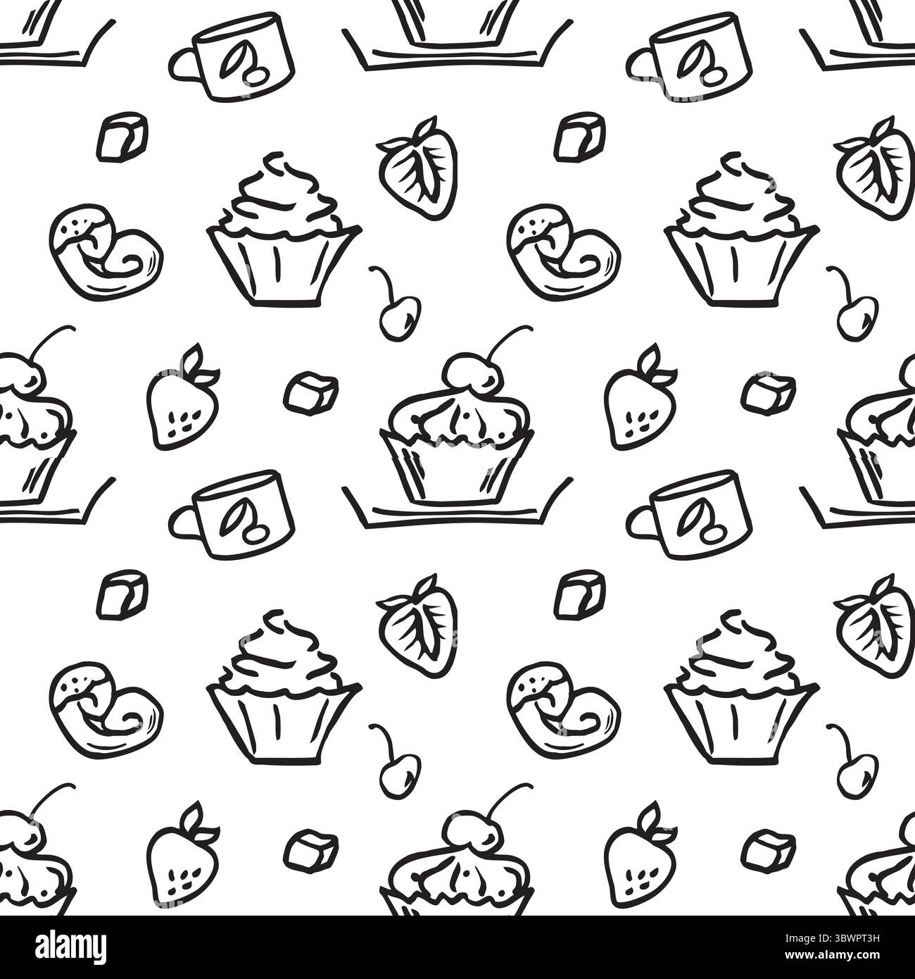 Seamless doodles pattern with bakery elements black on white Stock ...