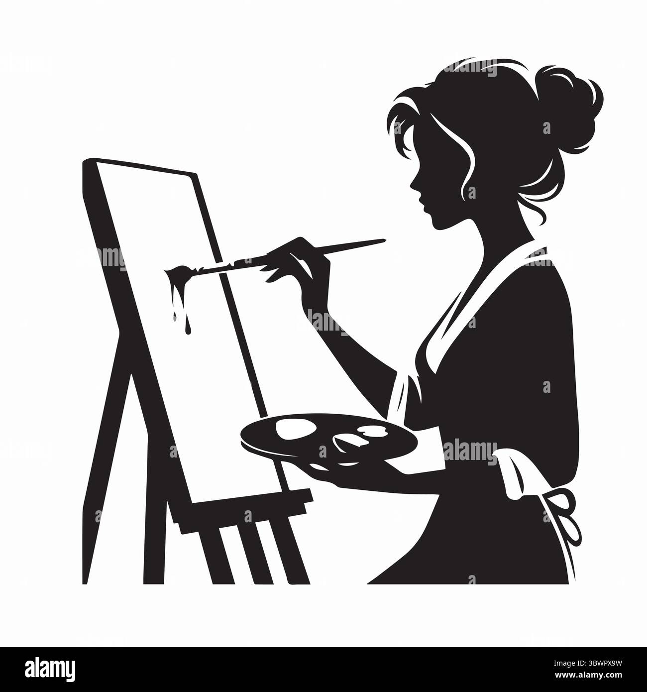 Female Artist Painting on Easel, Silhouette of Creative Stock Vector ...