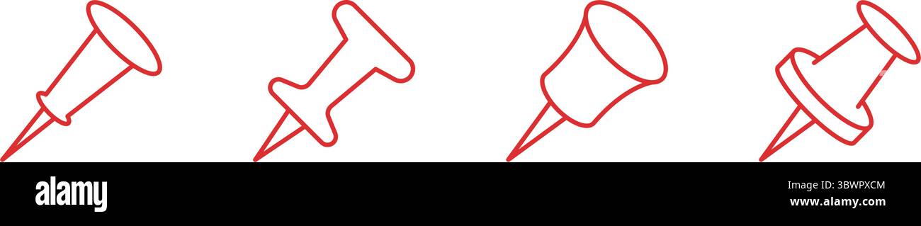 Red Push Pin Line Icon Set. Office Supplies, Bulletin Board, And ...