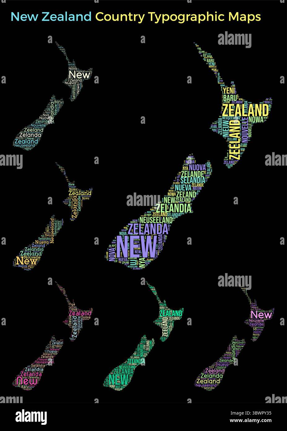 New Zealand. Set of typography style country illustrations. New Zealand ...