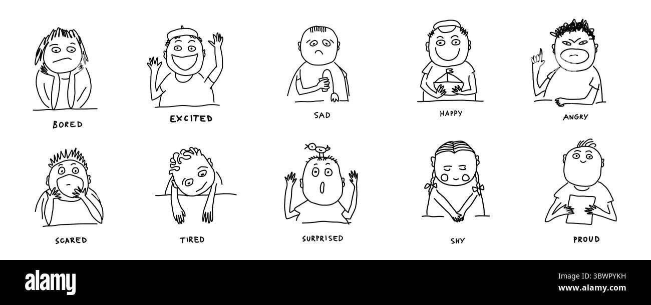 Basic Emotion Faces for Kids – Hand-Drawn SEL Icons with Labels Stock ...