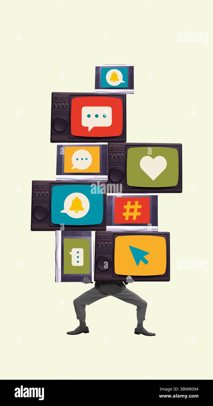 Overwhelmed figure collapsing under chaotic stack of media screens ...