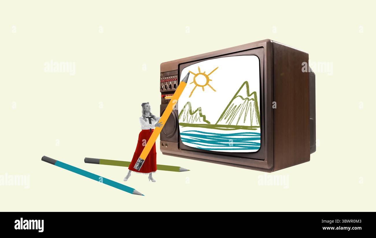 Artistic collage of woman drawing landscape on retro TV screen with ...
