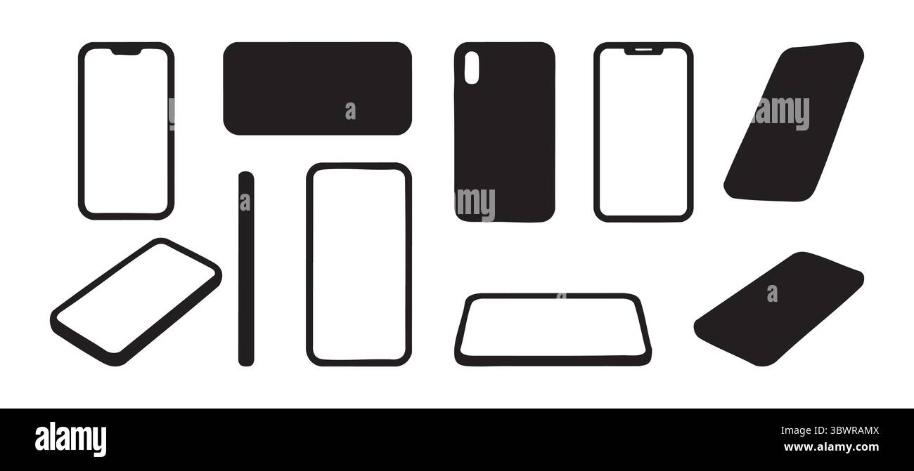 Set of Black silhouette of various smartphone and mobile phone outlines ...