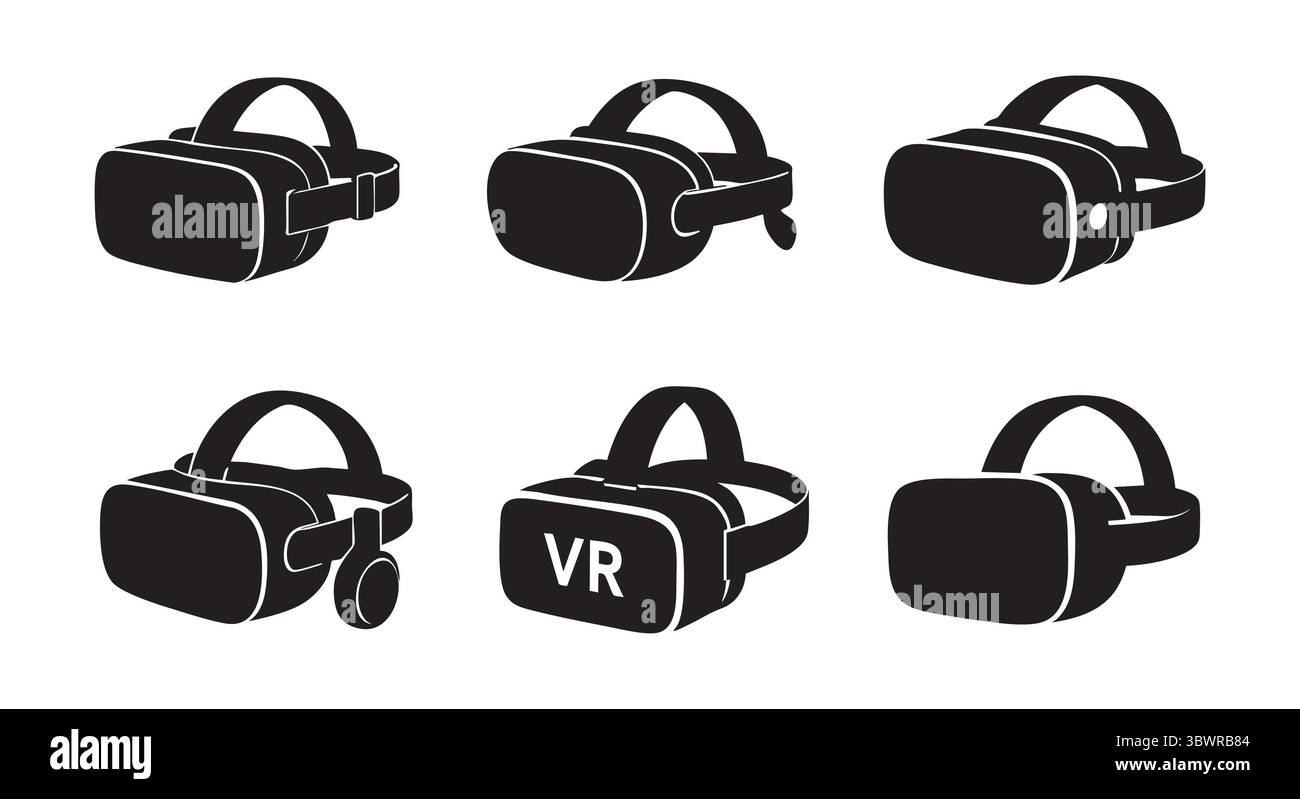 Set of Black silhouettes of virtual reality headsets in various designs ...