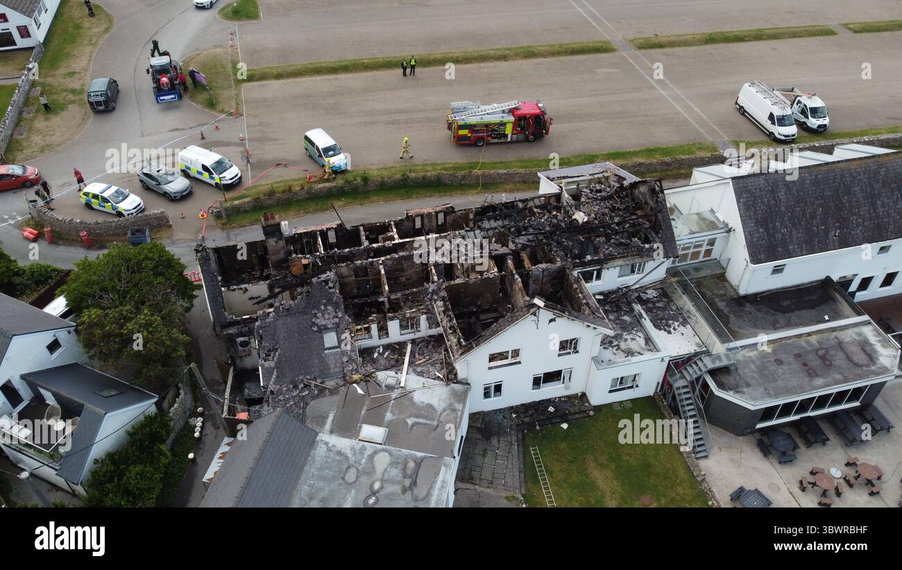 Fire damaged Worms Head Hotel , Gower, Swansea, Wales , drone photos ...
