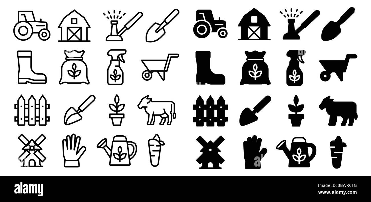 A versatile collection of farming icons showcasing tools, animals, and ...